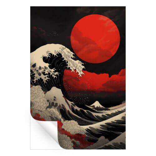 Black and Red Japanese Ink Wave Painting | BIG Wall Décor